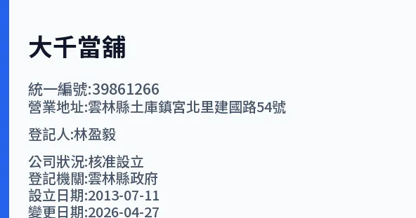 大千當舖的照片-統編 39861266(雲林縣) 公司登記資料與營業項目詳細圖表