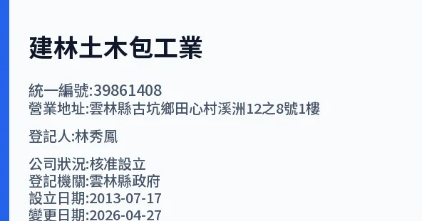 建林土木包工業的照片-統編 39861408(雲林縣) 公司登記資料與營業項目詳細圖表