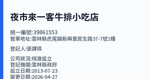 夜市來一客牛排小吃店的照片-統編 39861553(雲林縣) 公司登記資料與營業項目詳細圖表