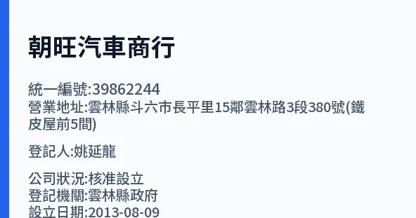 朝旺汽車商行的照片-統編 39862244(雲林縣) 公司登記資料與營業項目詳細圖表