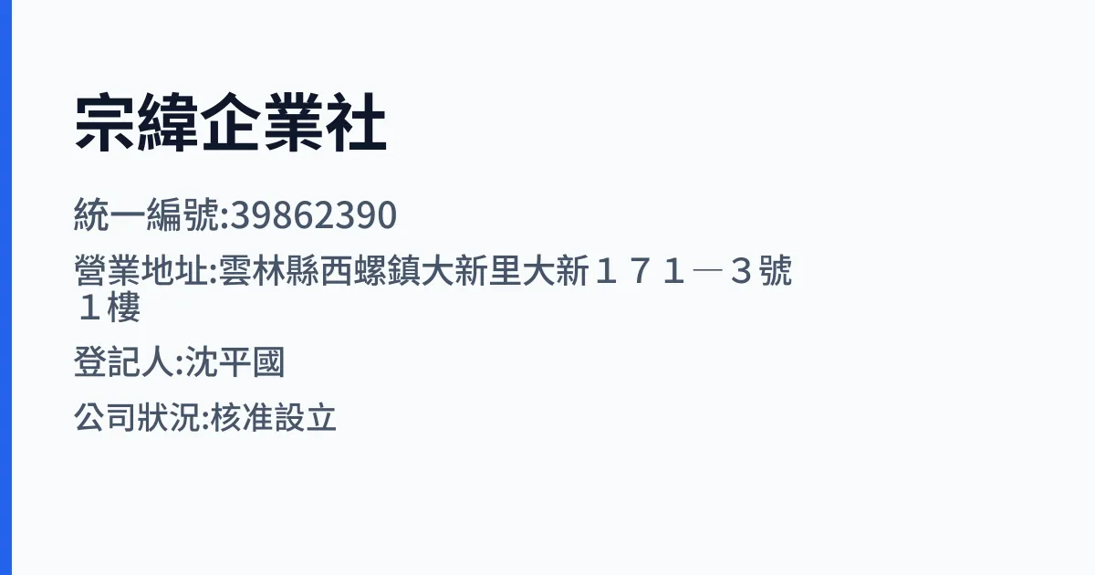 宗緯企業社 - 統編 39862390(雲林縣) 公司登記資料與營業項目詳細圖表