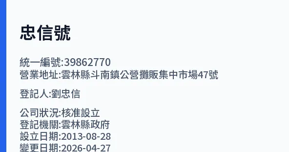 忠信號的照片-統編 39862770(雲林縣) 公司登記資料與營業項目詳細圖表