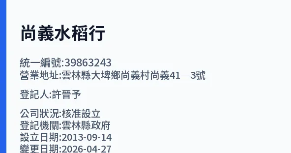 尚義水稻行的照片-統編 39863243(雲林縣) 公司登記資料與營業項目詳細圖表