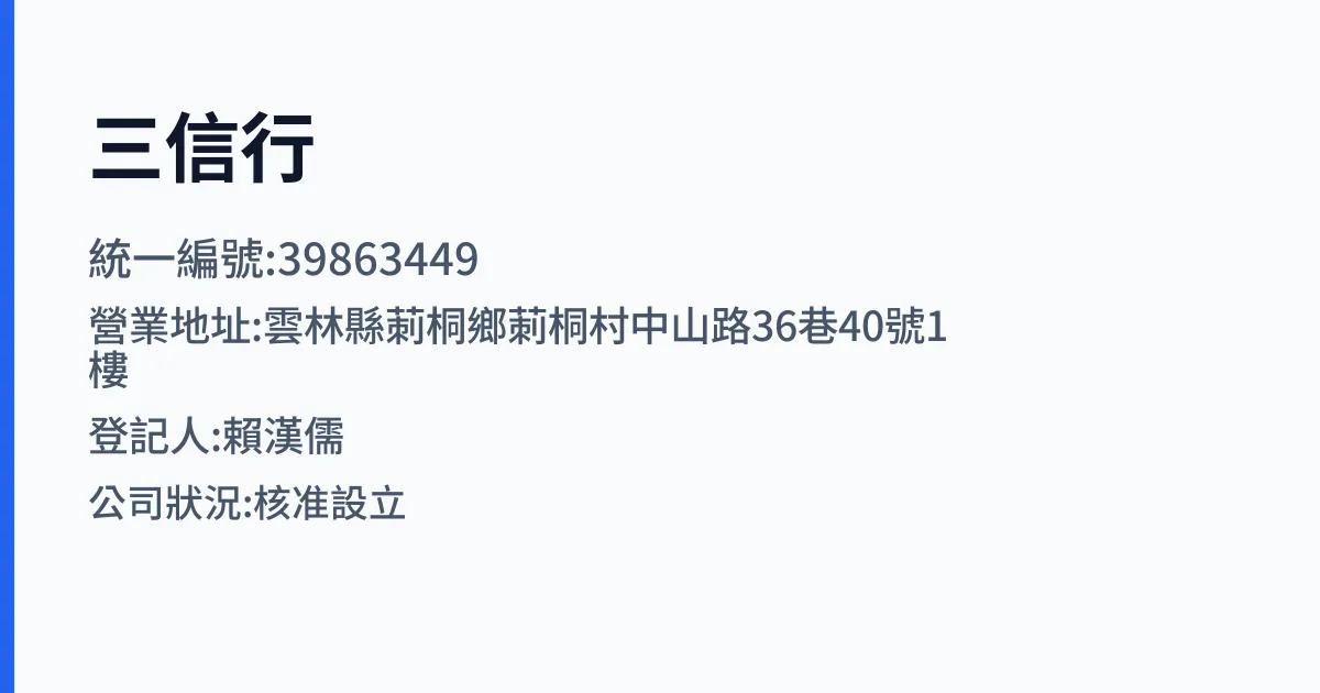 三信行 - 統編 39863449(雲林縣) 公司登記資料與營業項目詳細圖表