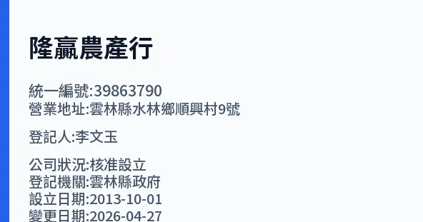 隆贏農產行的照片-統編 39863790(雲林縣) 公司登記資料與營業項目詳細圖表