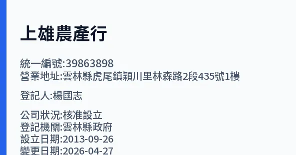上雄農產行的照片-統編 39863898(雲林縣) 公司登記資料與營業項目詳細圖表