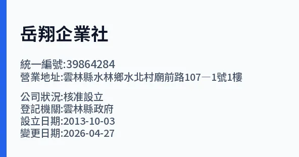 岳翔企業社的照片-統編 39864284(雲林縣) 公司登記資料與營業項目詳細圖表