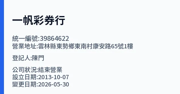 一帆彩券行的照片-統編 39864622(雲林縣) 公司登記資料與營業項目詳細圖表