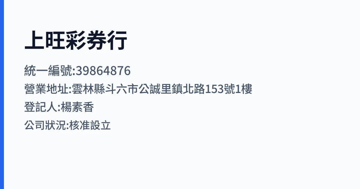 上旺彩券行 - 統編 39864876(雲林縣) 公司登記資料與營業項目詳細圖表