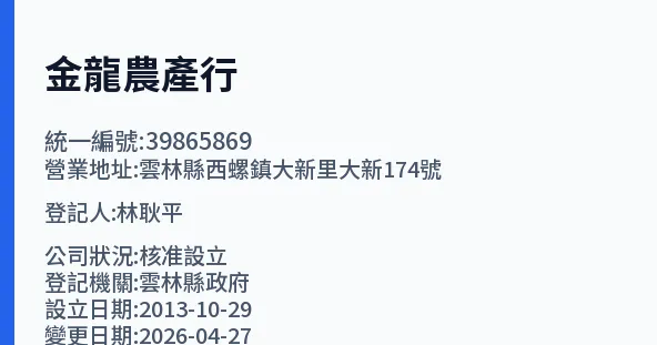 金龍農產行的照片-統編 39865869(雲林縣) 公司登記資料與營業項目詳細圖表