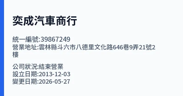 奕成汽車商行的照片-統編 39867249(雲林縣) 公司登記資料與營業項目詳細圖表
