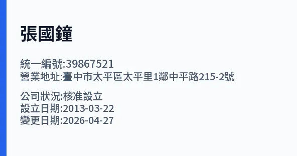 張國鐘的照片-統編 39867521(臺中市) 公司登記資料與營業項目詳細圖表