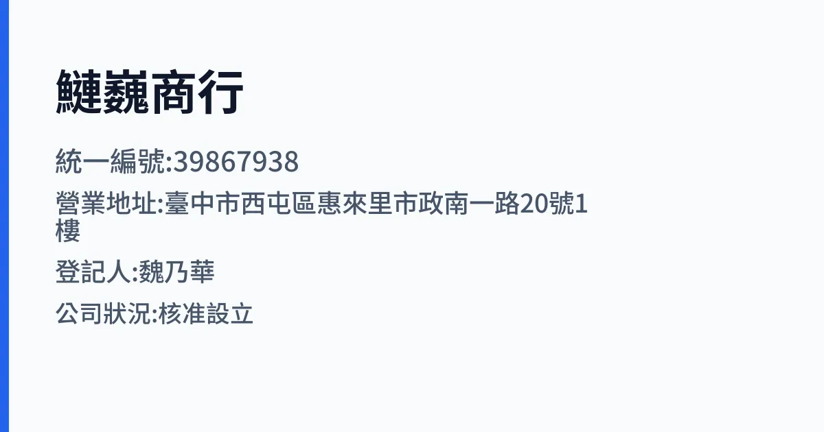 鰱巍商行 - 統編 39867938(臺中市) 公司登記資料與營業項目詳細圖表