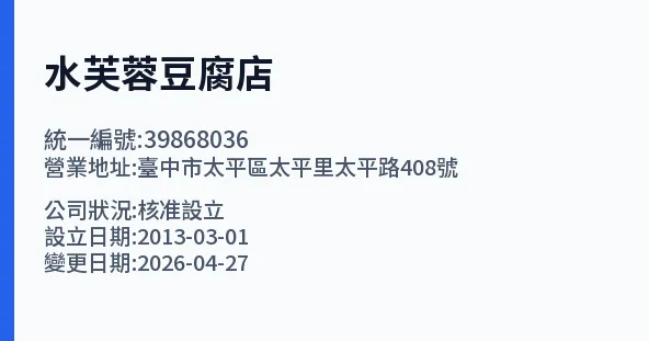 水芙蓉豆腐店的照片-統編 39868036(臺中市) 公司登記資料與營業項目詳細圖表