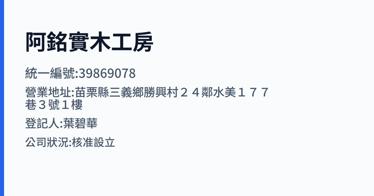 阿銘實木工房 - 統編 39869078(苗栗縣) 公司登記資料與營業項目詳細圖表