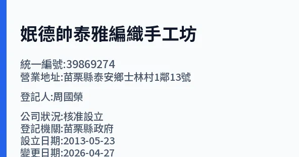 姄德帥泰雅編織手工坊的照片-統編 39869274(苗栗縣) 公司登記資料與營業項目詳細圖表