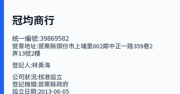 冠均商行的照片-統編 39869582(苗栗縣) 公司登記資料與營業項目詳細圖表