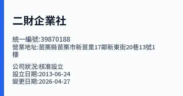 二財企業社的照片-統編 39870188(苗栗縣) 公司登記資料與營業項目詳細圖表