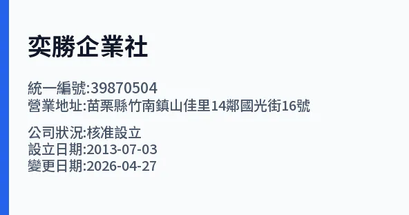 奕勝企業社的照片-統編 39870504(苗栗縣) 公司登記資料與營業項目詳細圖表