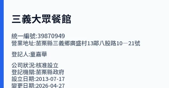 三義大眾餐館的照片-統編 39870949(苗栗縣) 公司登記資料與營業項目詳細圖表