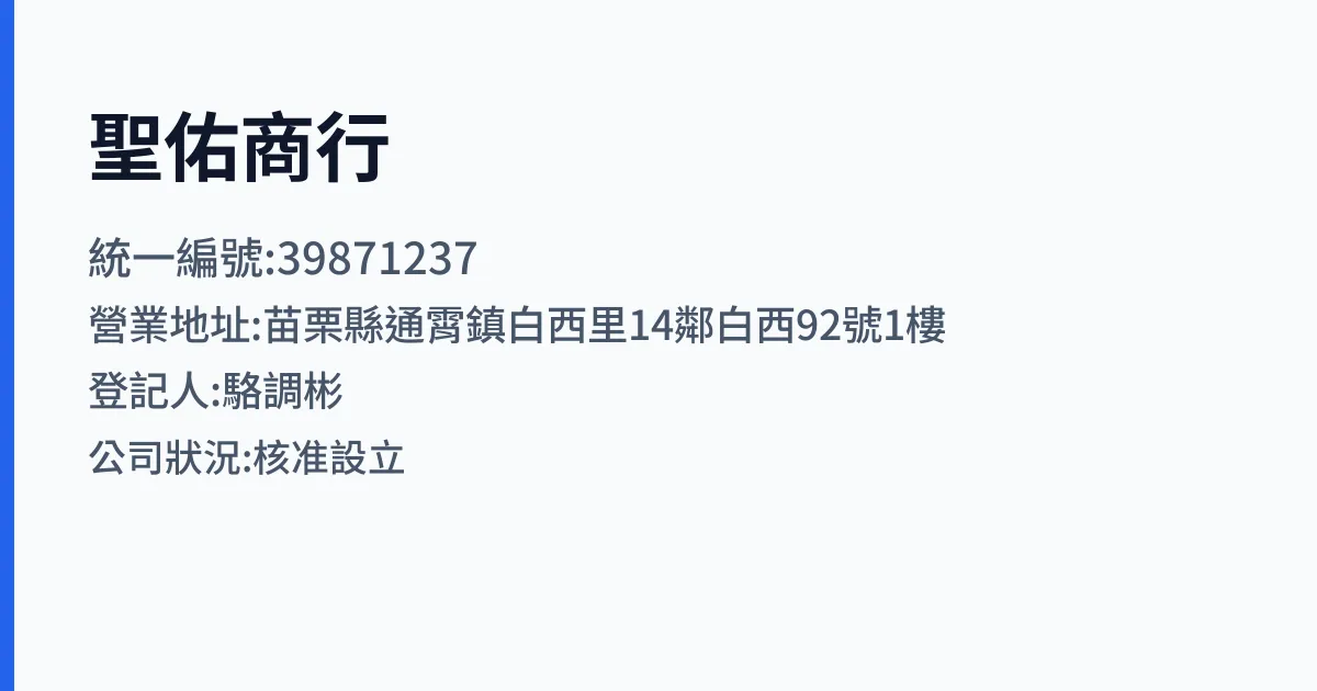 聖佑商行 - 統編 39871237(苗栗縣) 公司登記資料與營業項目詳細圖表