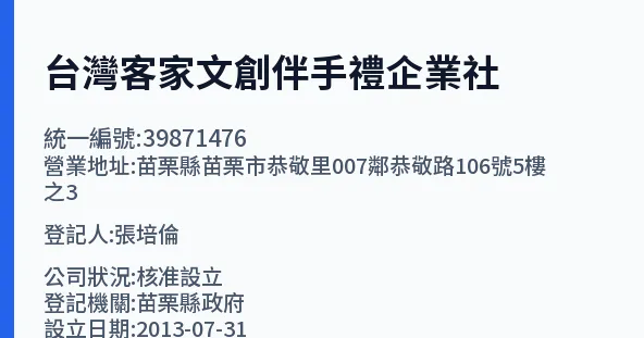 台灣客家文創伴手禮企業社的照片-統編 39871476(苗栗縣) 公司登記資料與營業項目詳細圖表