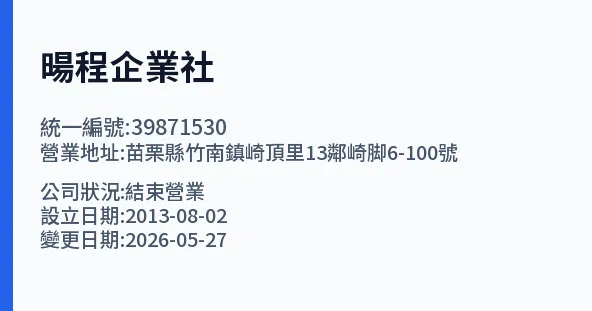 暘程企業社的照片-統編 39871530(苗栗縣) 公司登記資料與營業項目詳細圖表