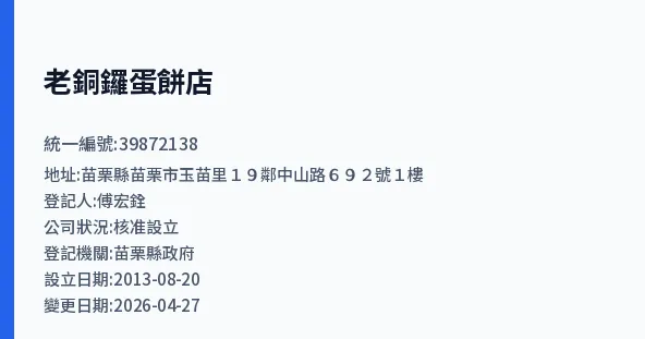 老銅鑼蛋餅店的照片-統編 39872138(苗栗縣) 公司登記資料與營業項目詳細圖表