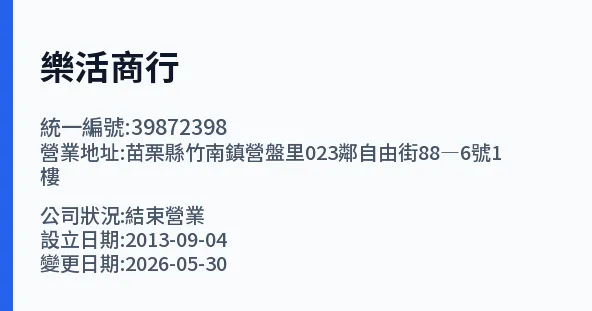 樂活商行的照片-統編 39872398(苗栗縣) 公司登記資料與營業項目詳細圖表