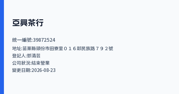 亞興茶行的照片-統編 39872524(苗栗縣) 公司登記資料與營業項目詳細圖表