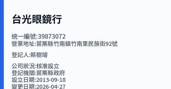 台光眼鏡行的照片-統編 39873072(苗栗縣) 公司登記資料與營業項目詳細圖表