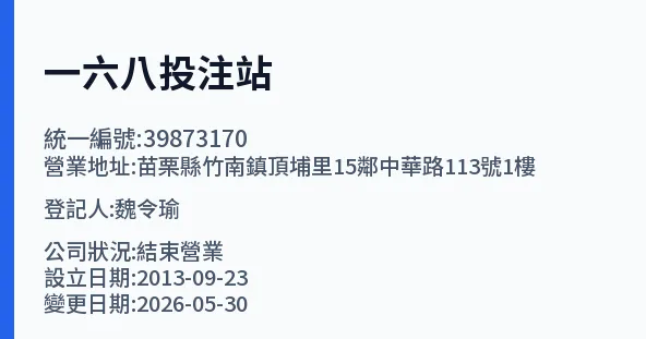 一六八投注站的照片-統編 39873170(苗栗縣) 公司登記資料與營業項目詳細圖表