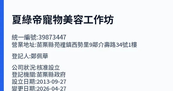 夏綠帝寵物美容工作坊的照片-統編 39873447(苗栗縣) 公司登記資料與營業項目詳細圖表