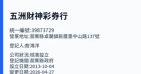 五洲財神彩券行的照片-統編 39873729(苗栗縣) 公司登記資料與營業項目詳細圖表
