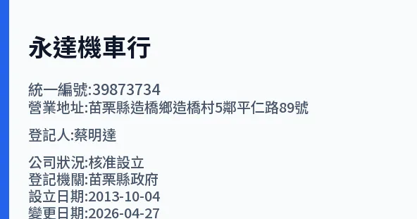 永達機車行的照片-統編 39873734(苗栗縣) 公司登記資料與營業項目詳細圖表