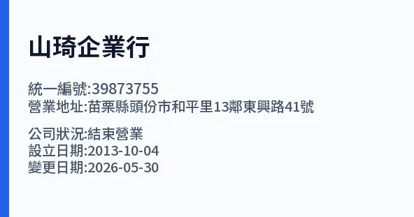 山琦企業行的照片-統編 39873755(苗栗縣) 公司登記資料與營業項目詳細圖表