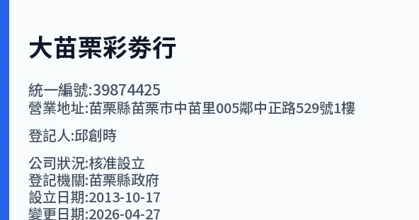大苗栗彩劵行的照片-統編 39874425(苗栗縣) 公司登記資料與營業項目詳細圖表