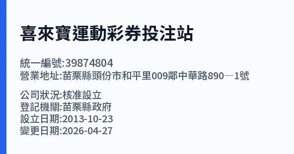 喜來寶運動彩券投注站的照片-統編 39874804(苗栗縣) 公司登記資料與營業項目詳細圖表
