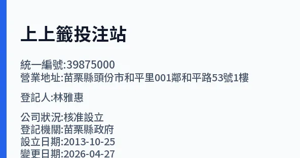 上上籤投注站的照片-統編 39875000(苗栗縣) 公司登記資料與營業項目詳細圖表