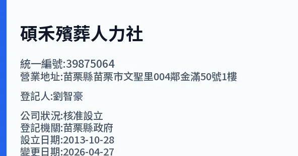 碩禾殯葬人力社的照片-統編 39875064(苗栗縣) 公司登記資料與營業項目詳細圖表