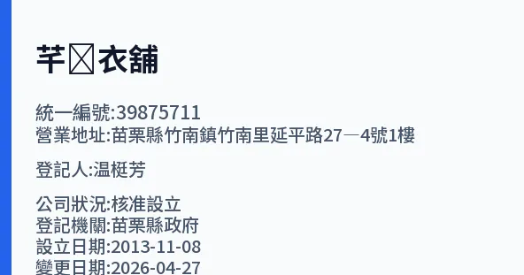 芊侎衣舖的照片-統編 39875711(苗栗縣) 公司登記資料與營業項目詳細圖表