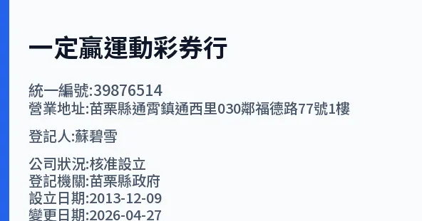 一定贏運動彩券行的照片-統編 39876514(苗栗縣) 公司登記資料與營業項目詳細圖表