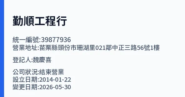 勤順工程行的照片-統編 39877936(苗栗縣) 公司登記資料與營業項目詳細圖表