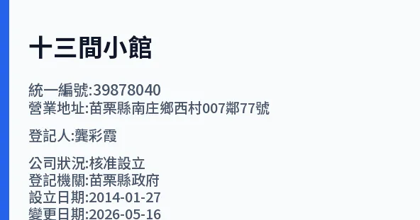 十三間小館的照片-統編 39878040(苗栗縣) 公司登記資料與營業項目詳細圖表