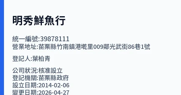 明秀鮮魚行的照片-統編 39878111(苗栗縣) 公司登記資料與營業項目詳細圖表
