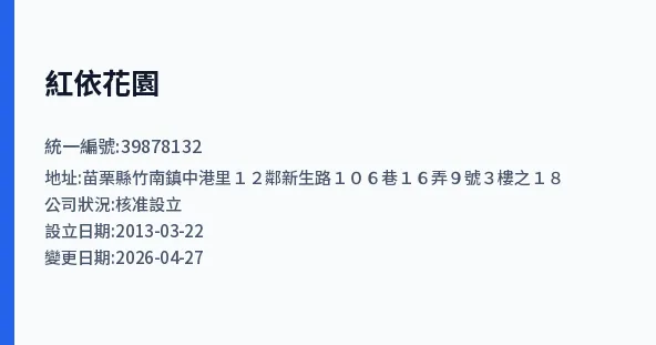 紅依花園的照片-統編 39878132(苗栗縣) 公司登記資料與營業項目詳細圖表
