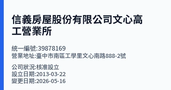 信義房屋股份有限公司文心高工營業所的照片-統編 39878169(臺中市) 公司登記資料與營業項目詳細圖表