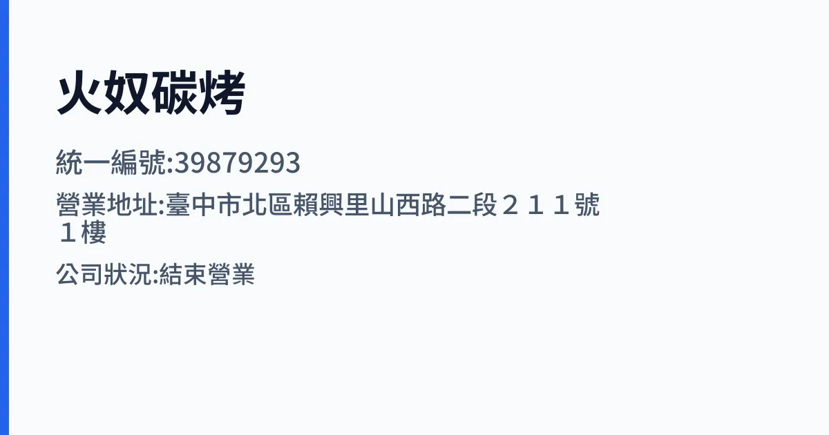 火奴碳烤 - 統編 39879293(臺中市) 公司登記資料與營業項目詳細圖表