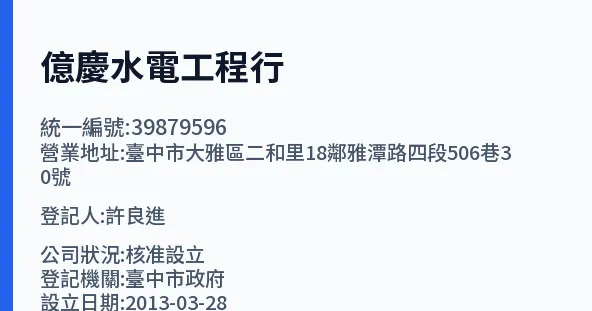 億慶水電工程行的照片-統編 39879596(臺中市) 公司登記資料與營業項目詳細圖表