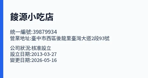 餕源小吃店的照片-統編 39879934(臺中市) 公司登記資料與營業項目詳細圖表